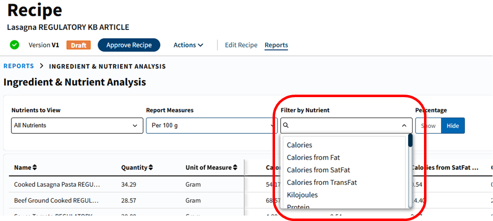 How do I filter by a specific Nutrient in the Ingredient and Nutrient ...